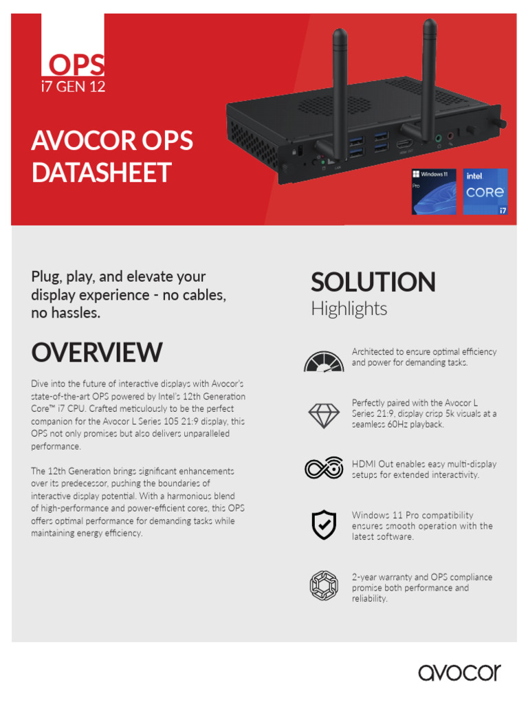 AVOCOR I7 GEN 12 OPS - Datasheet - US | PDF | Usb | Hdmi