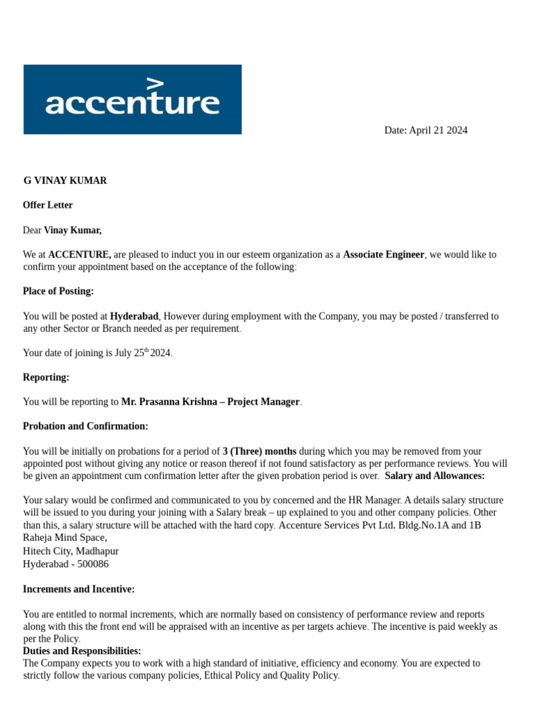 Accenture Offer Letter | PDF | Employment | Board Of Directors