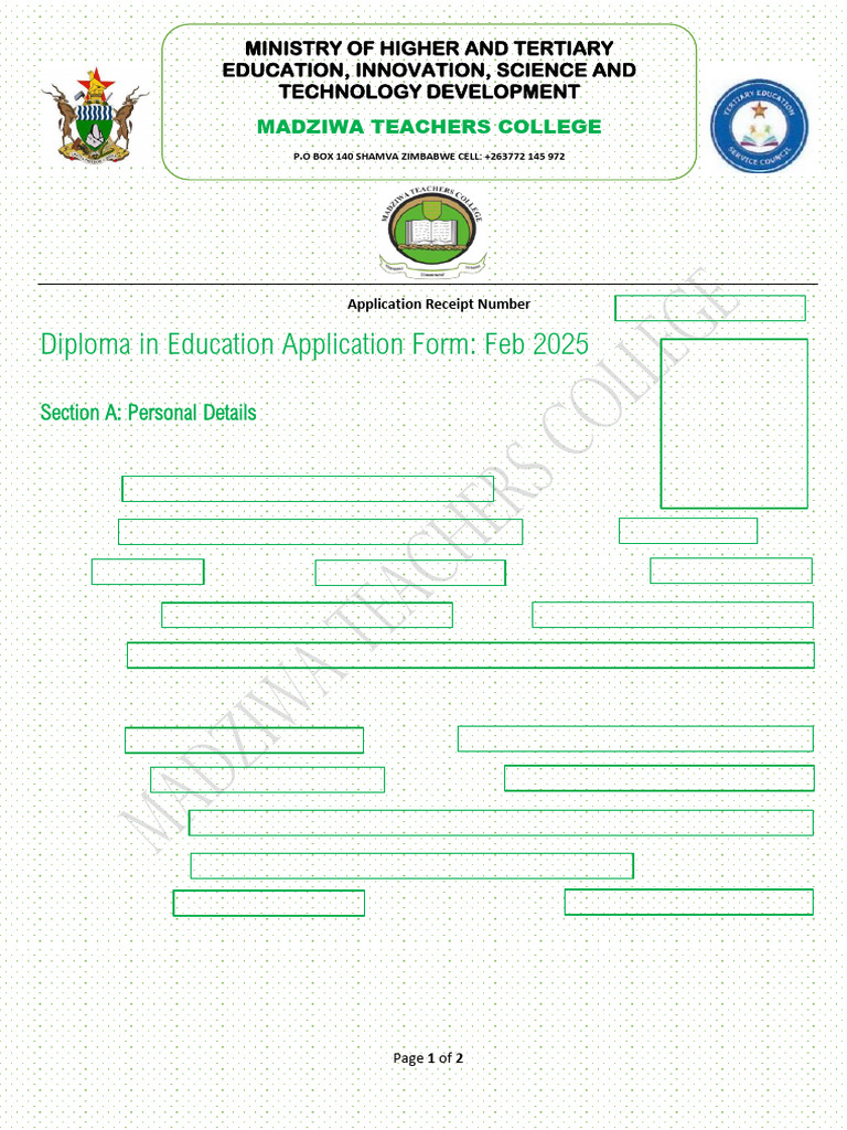 Madziwa Teachers College Application Form | PDF