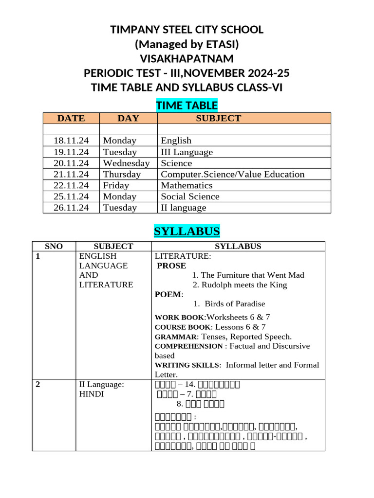 Class VI Periodic Test III Timetable & Syllabus | PDF | Linguistics