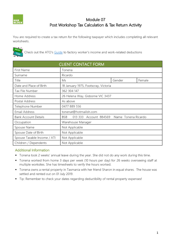 Post Workshop Tax Calculation & Tax Return Activity: Client Contact ...