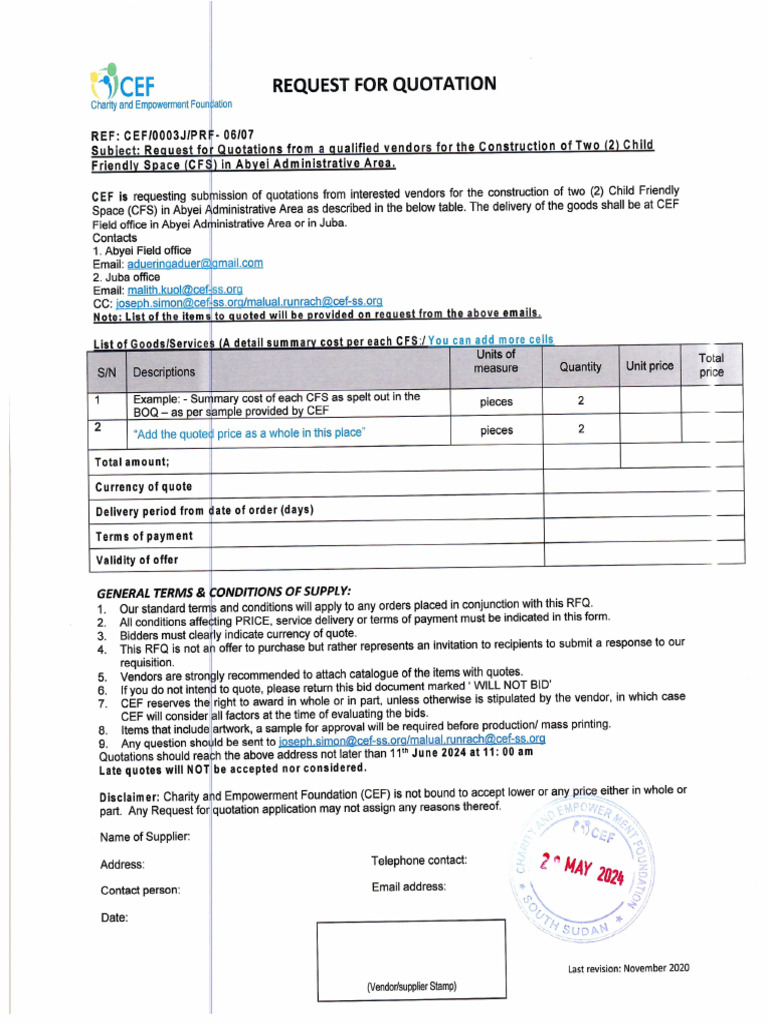 RFQ For Construction of 2 CFS in Abyei Administrative Area - Re-Advertised | PDF