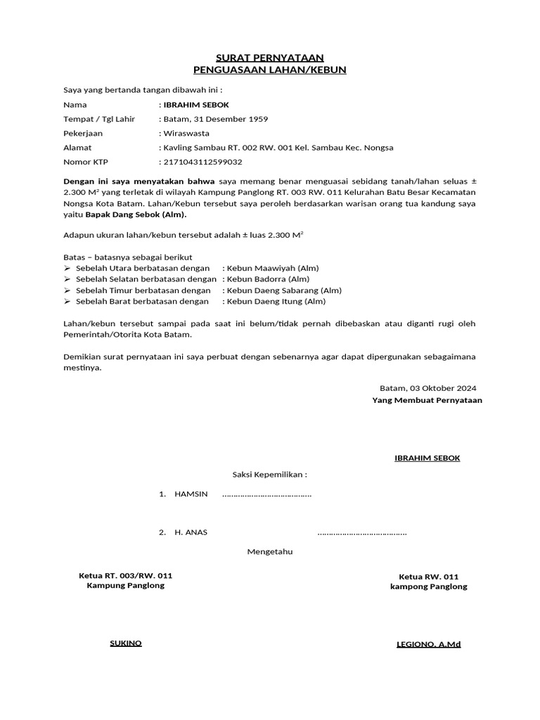 Surat Penguasaan Tanah Ibrahim Sebok | PDF