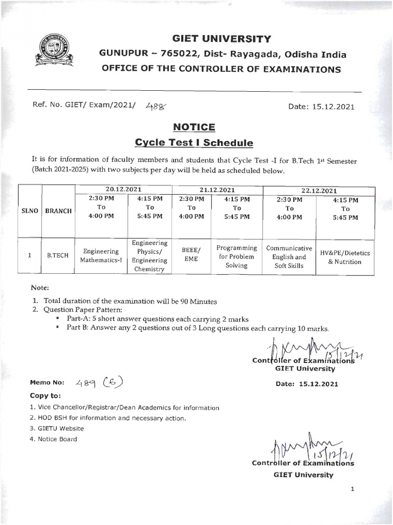 B Tech I Semester Cycle Test I Schedule Pdf
