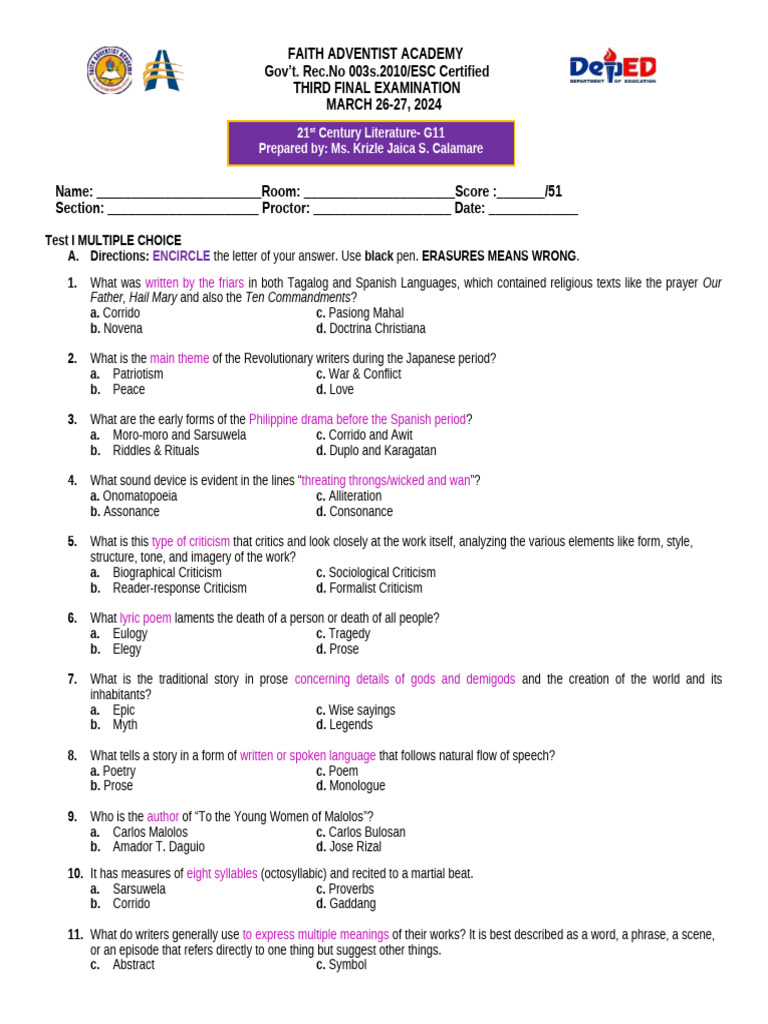 3RD Final Lit Exam | PDF | Poetry | Narrative