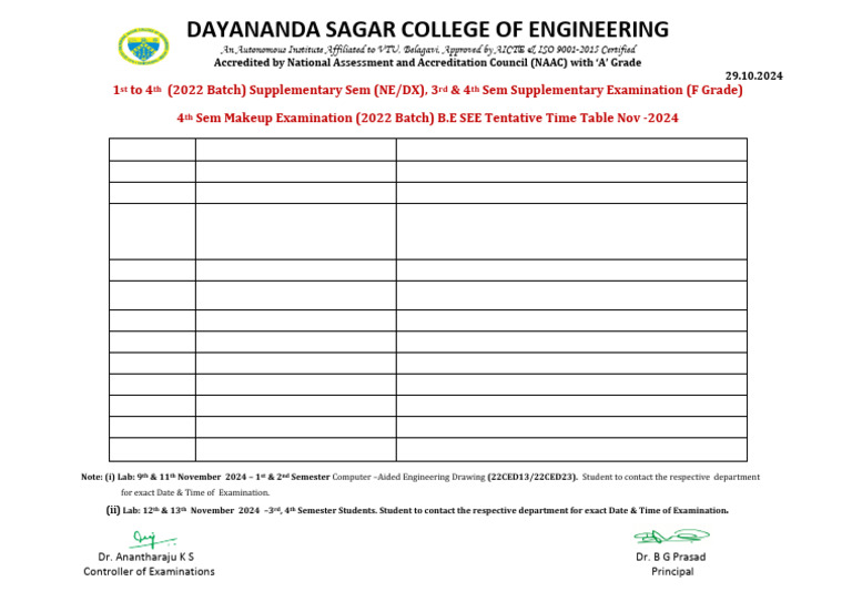B.E 1st To 4th Semester (2022 Scheme) Semester B.E SEE Tentative Time Table 2024 | PDF ...