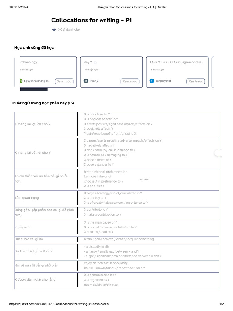 Thẻ ghi nhớ - Collocations for writing - P1 - Quizlet | PDF