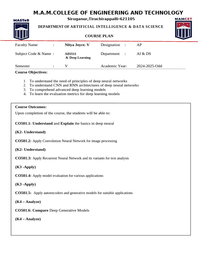 Deep Learning Course Plan 2024-25 | PDF | Deep Learning | Artificial Neural Network
