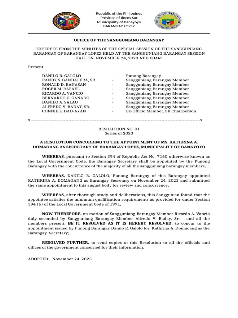Resolution On The Appointment of Barangay Secretary | PDF