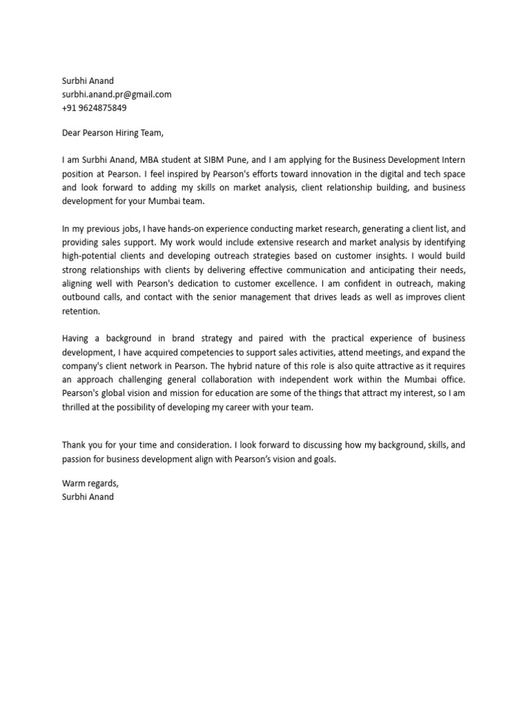 Cover Letter for Pearson Internship | PDF