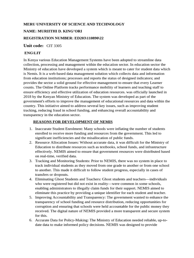 NEMIS: Transforming Kenya's Education Data | PDF | Policy | Kenya