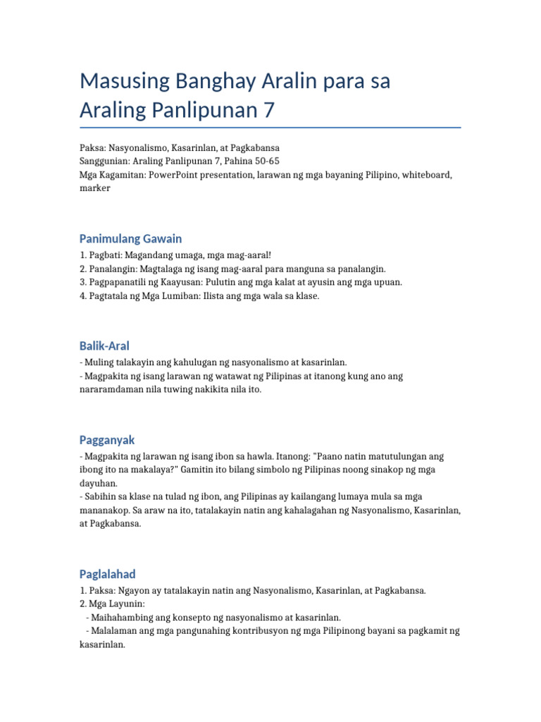 Banghay Aralin AP7 Nasyonalismo Kasarinlan | PDF