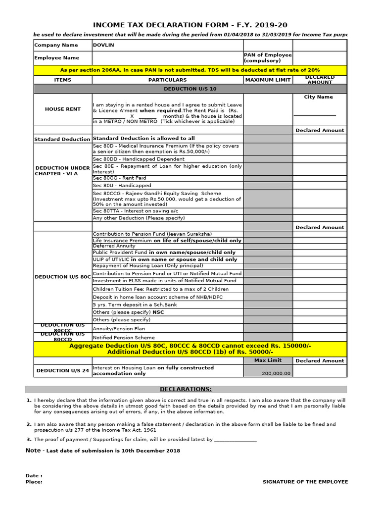 Income Tax Declaration Form 2019-20 | PDF | Tax Deduction | Personal ...