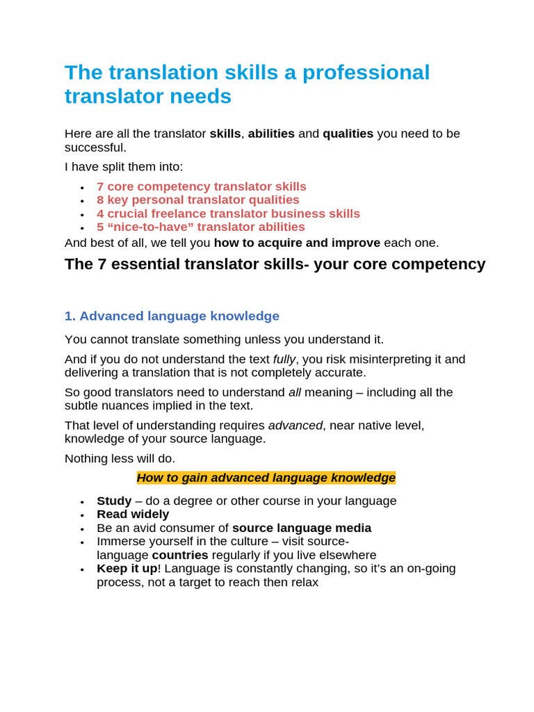 Skills Needded For A Professional Translator | PDF | Translations ...