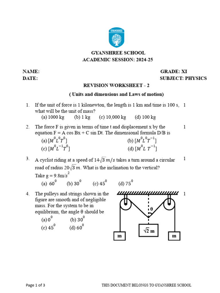 Physics Revision Worksheet for Grade XI | PDF | Force | Mechanics