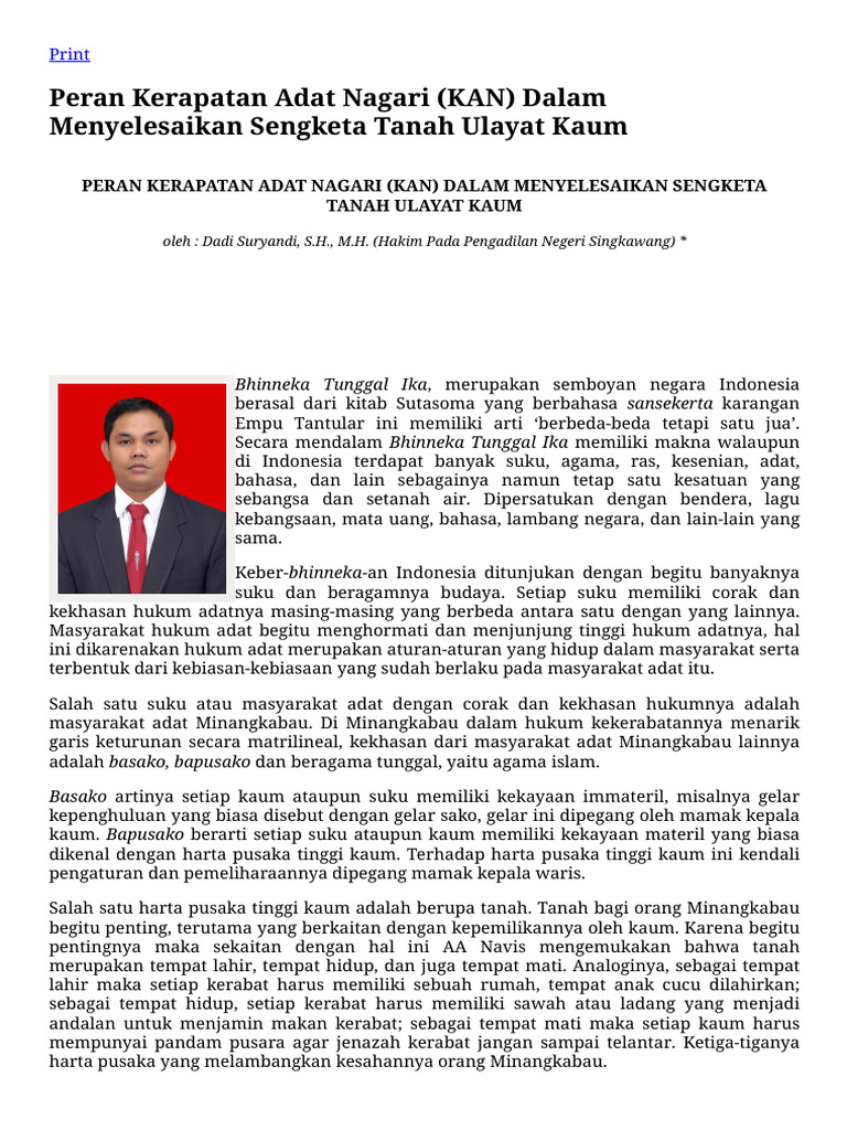 Peran Kerapatan Adat Nagari (KAN) Dalam Menyelesaikan Sengketa Tanah ...