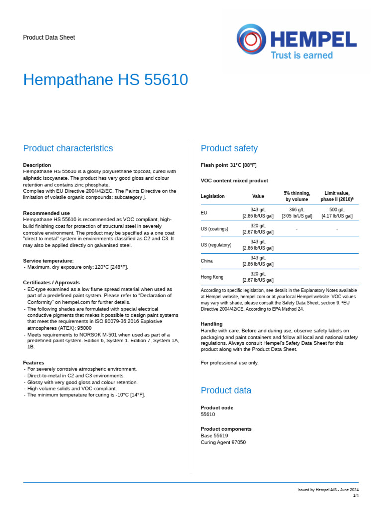 Hempel 55610 Hempathane Topcoat Data Sheet | PDF | Humidity | Paint