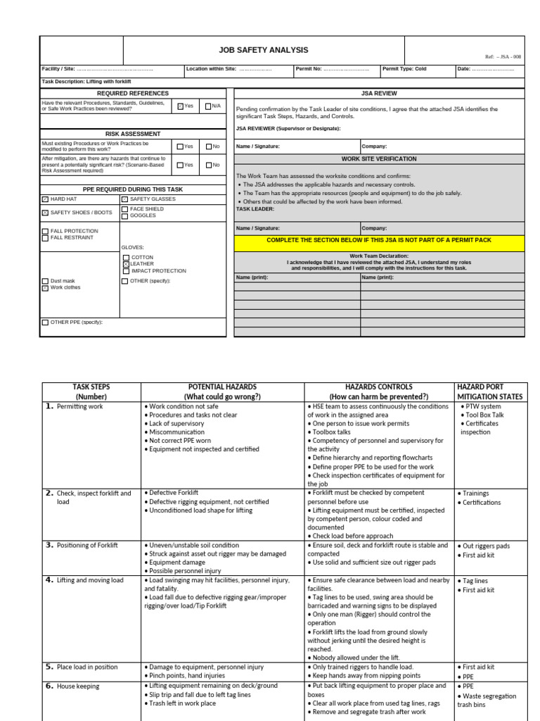 JSA-008 Lifting With Forklift | PDF | Working Conditions | Occupational ...