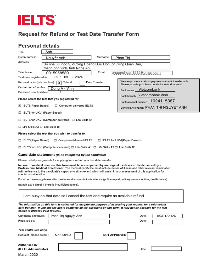 Request For Refund or Test Date Transfer Form - Wef1june2020 | PDF ...