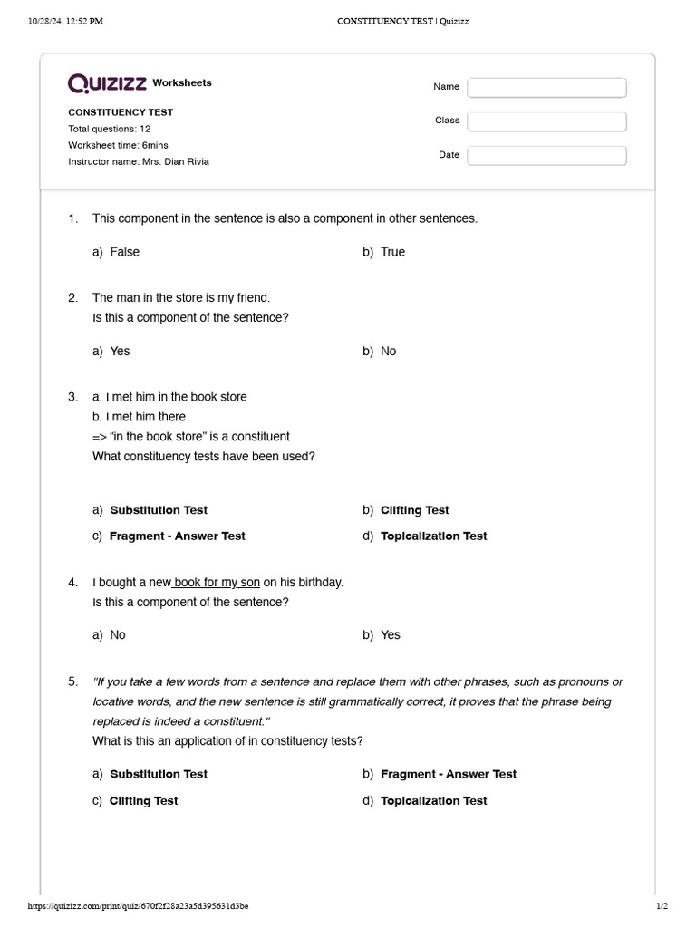 CONSTITUENCY TEST - Quizizz 1 | PDF | Phrase | Language Mechanics