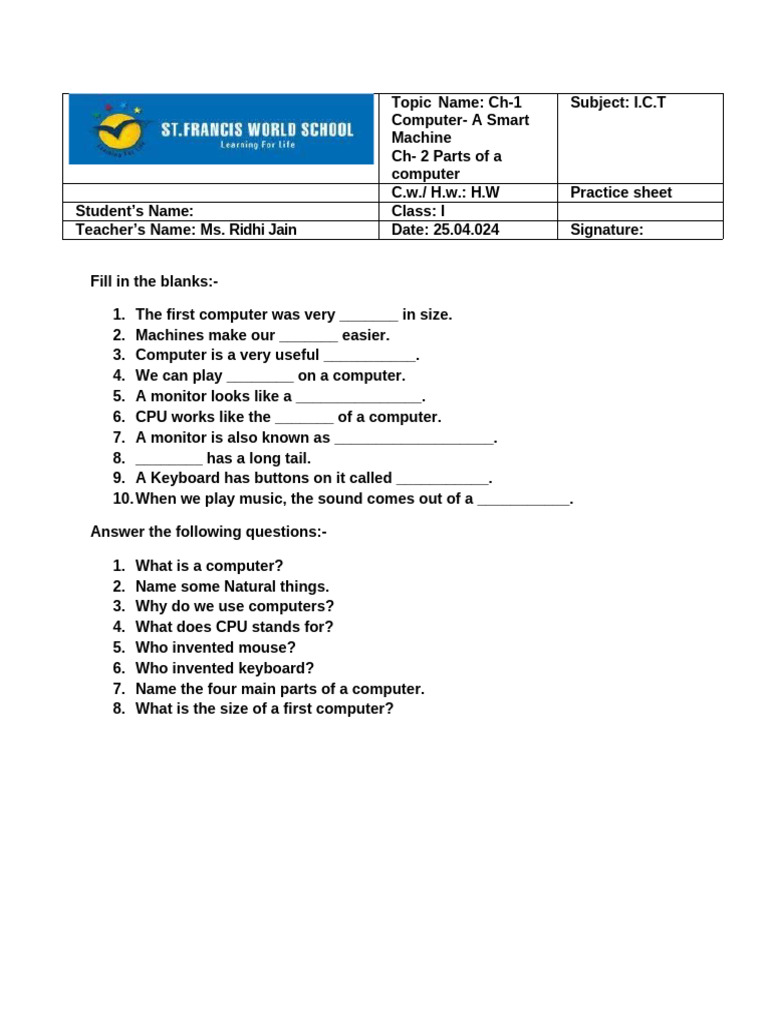 Practice Sheet Ict Class I | PDF | Art | Computers