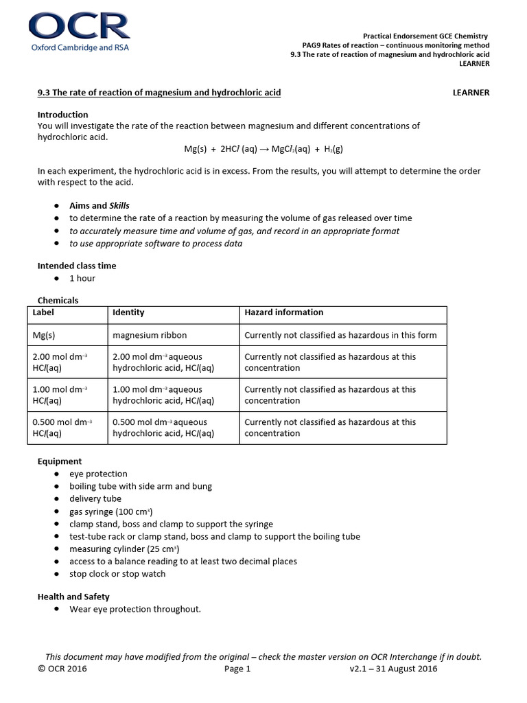 Chemistry PAG 9.3 Learner v2.1 | PDF | Hydrochloric Acid | Chemical ...