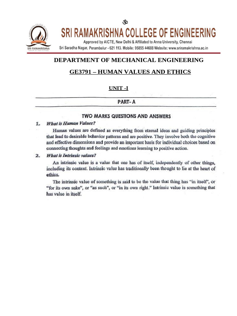 Ge3791 Human Values and Ethics Question Bank | PDF