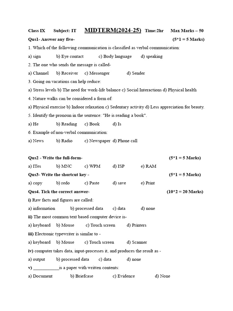 Class IX IT Midterm Exam Questions | PDF | Computer Keyboard | Communication