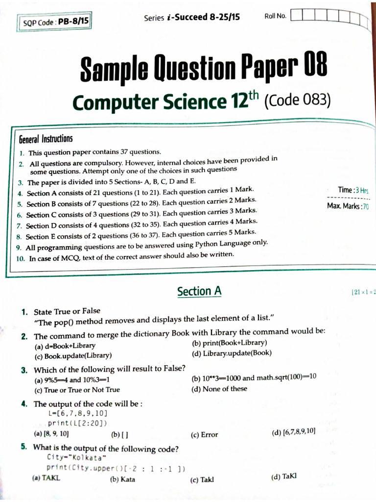 Computer Science Sample Paper 8 With Answer Key | PDF