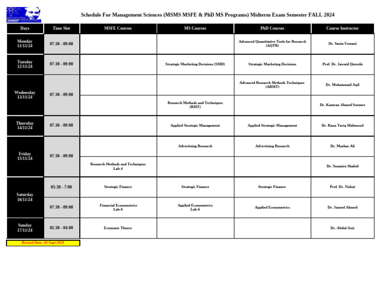 MSMS, MSFE and PHDMS Program Midterm Exam Schedule For Fall 2024 | PDF | Economies