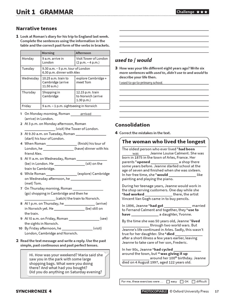 Synchronize4 TRB Worksheets Unit 1 Challenge Grammar | PDF | Linguistics | Language Mechanics