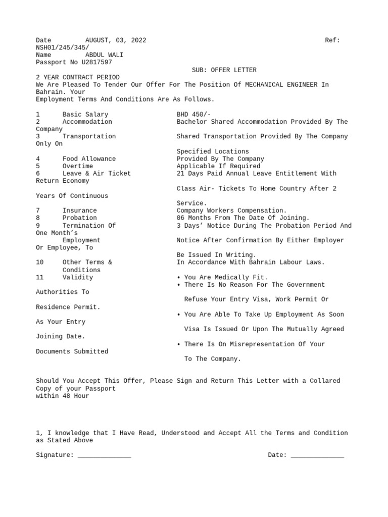 NSH Bahrain Offer Letter2222333311 | PDF