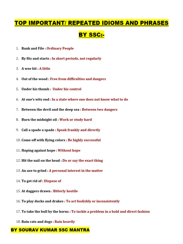 Top Repeated English Idioms List | PDF | Foreign Language Studies ...