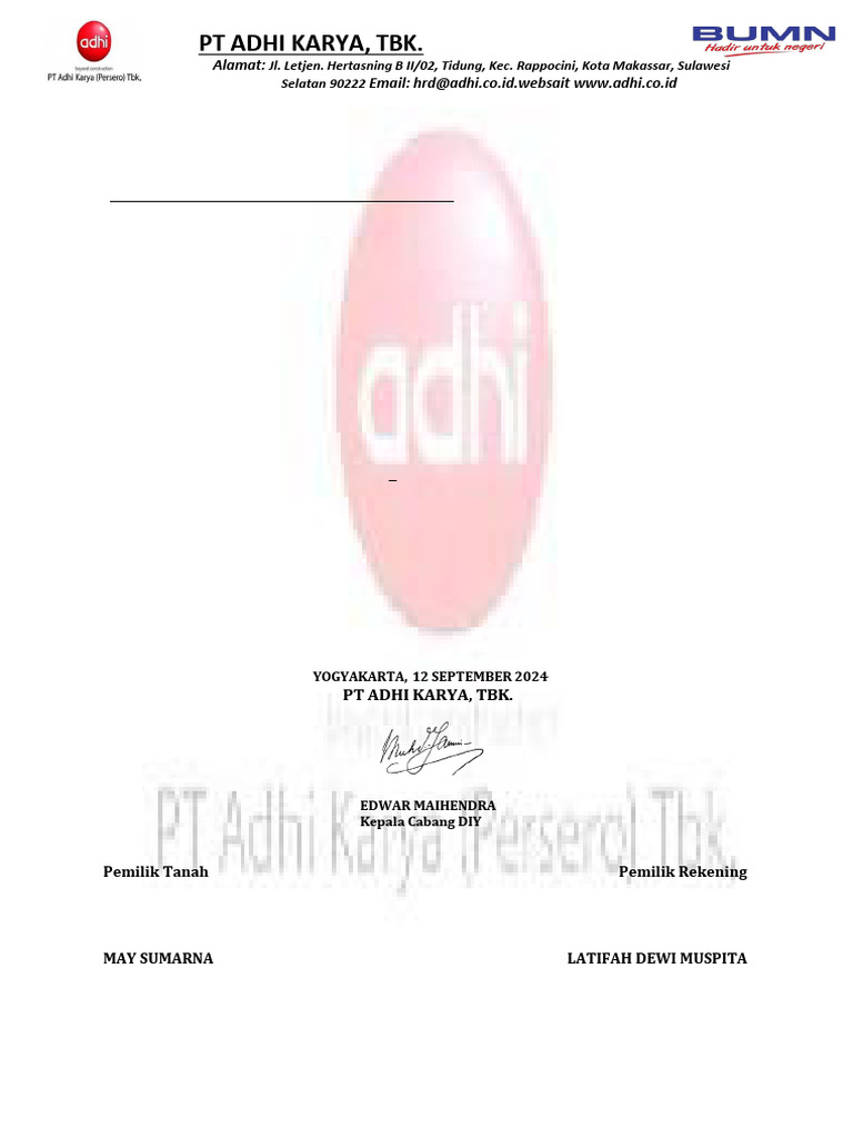 PT Adhi Karya, TBK.: Alamat: Email: Hrd@adhi - Co.id - Websait WWW - Adhi.co - Id | PDF