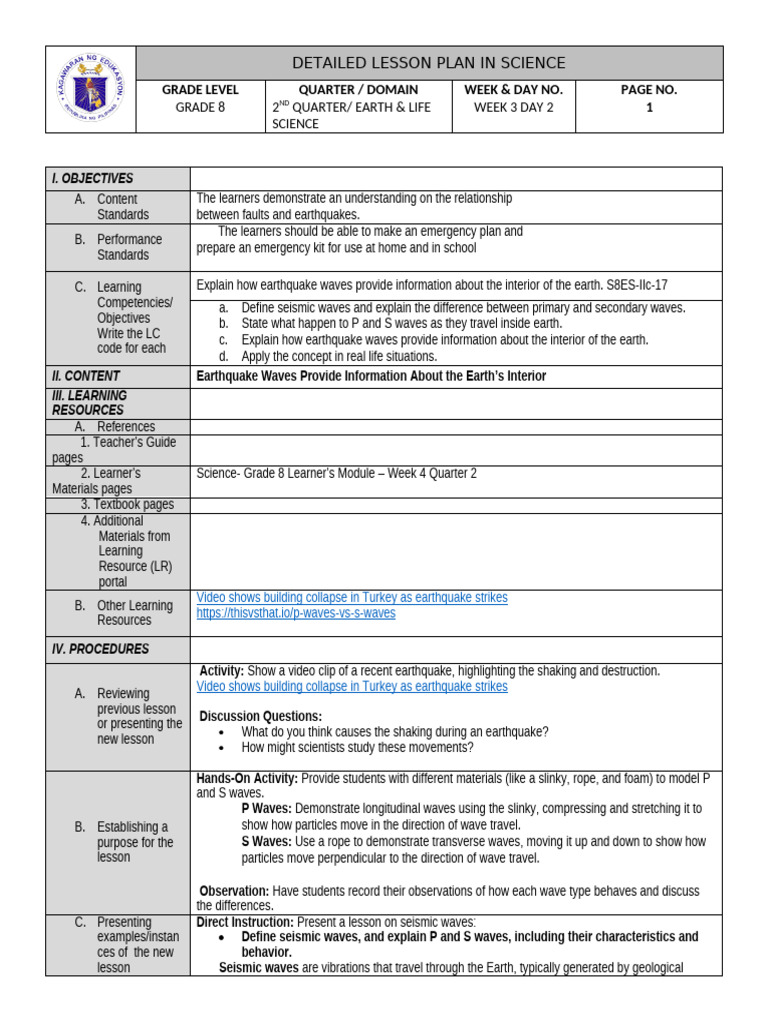 Lesson Plan in Seismic Waves | PDF | Waves | Seismology