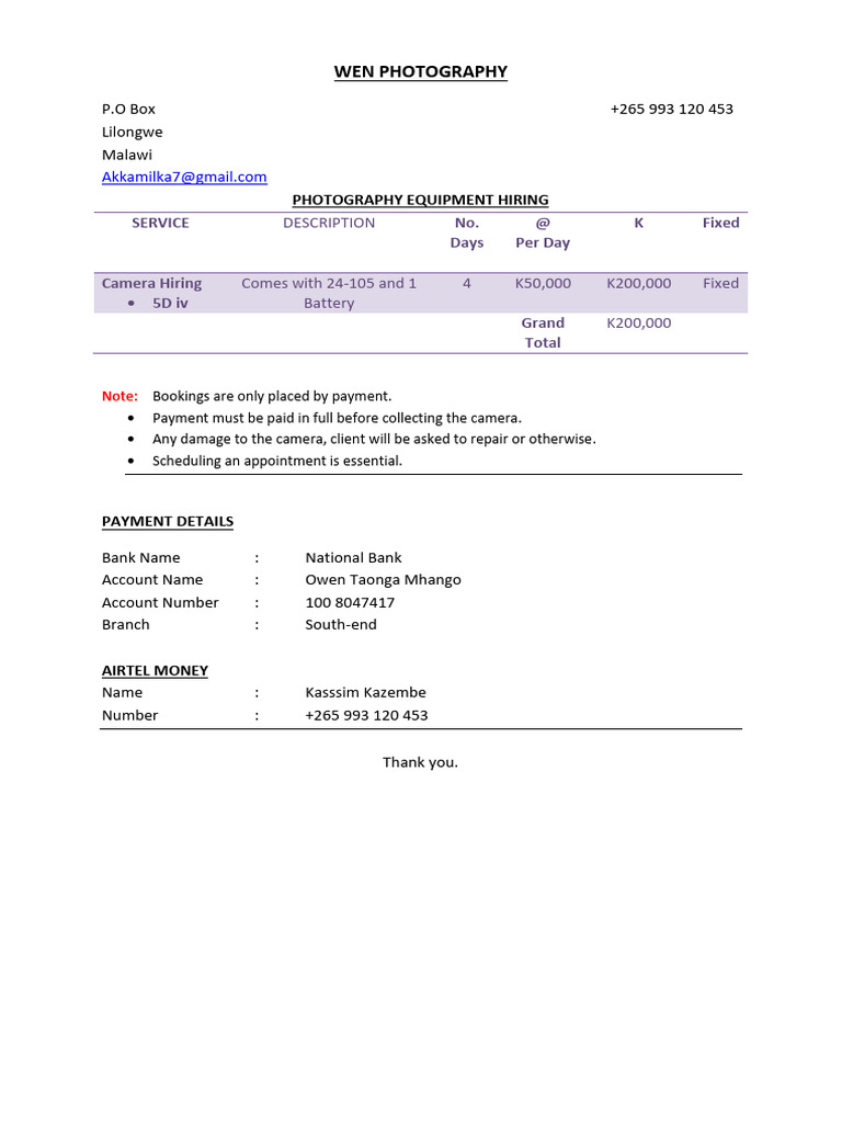 Photography Equipment Quotation | PDF
