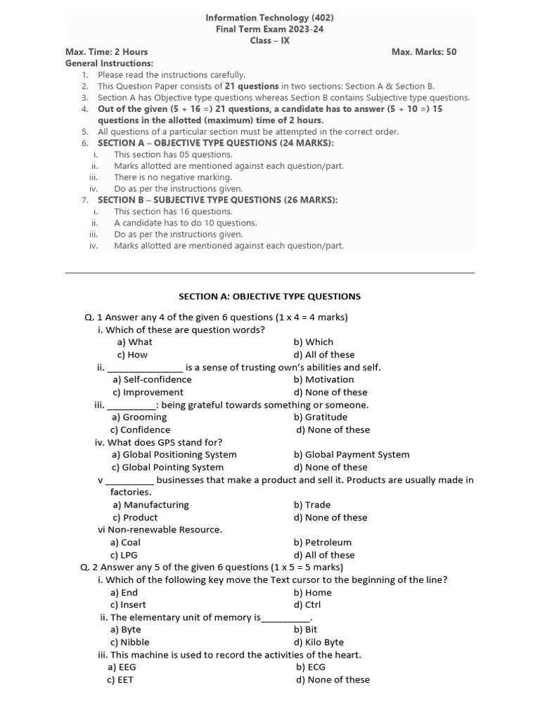 9th IT End Term Exam 2023-24 | PDF | Computer Keyboard | Spreadsheet