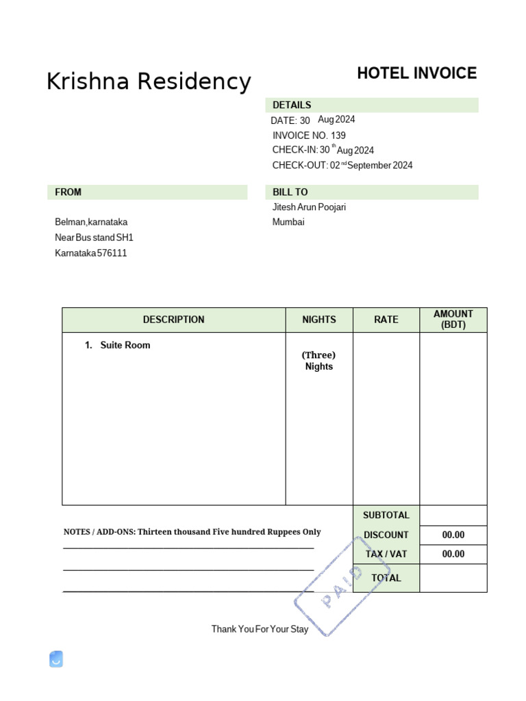 Hotel Invoice | PDF