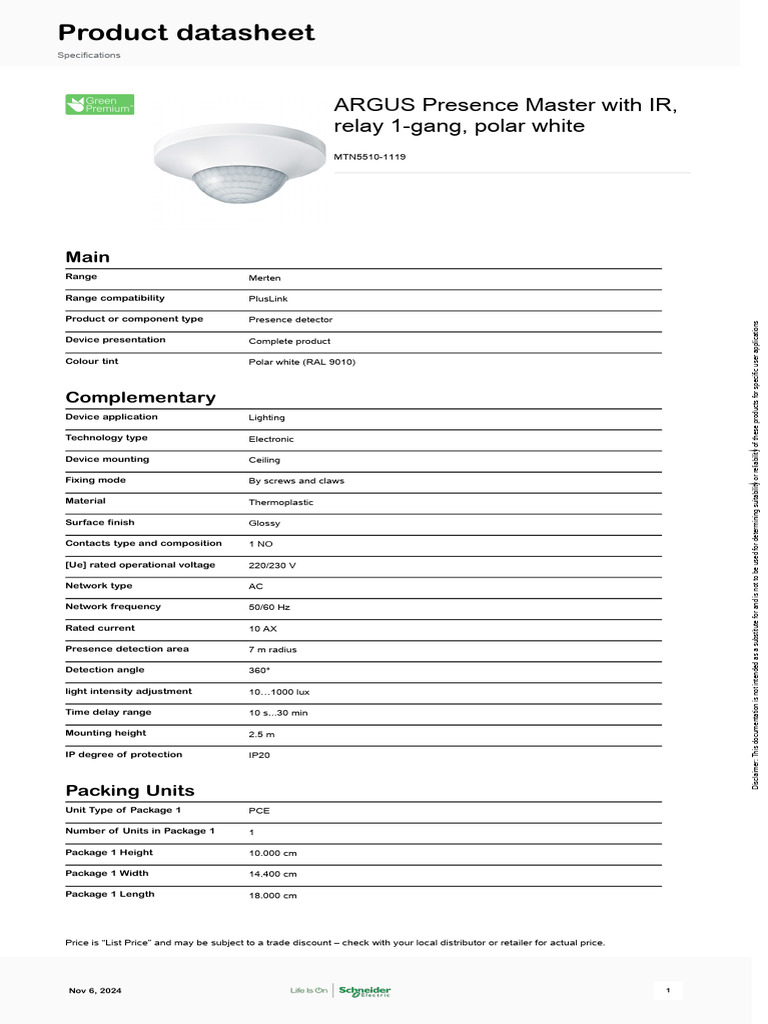 Schneider Electric ARGUS-Presence-Detectors MTN5510-1119 | PDF ...
