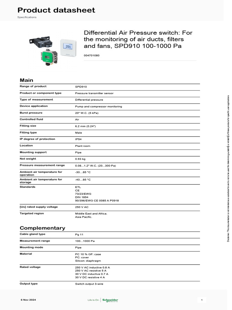 SPD910 Differential Air Pressure Switch | PDF | Pressure Measurement ...