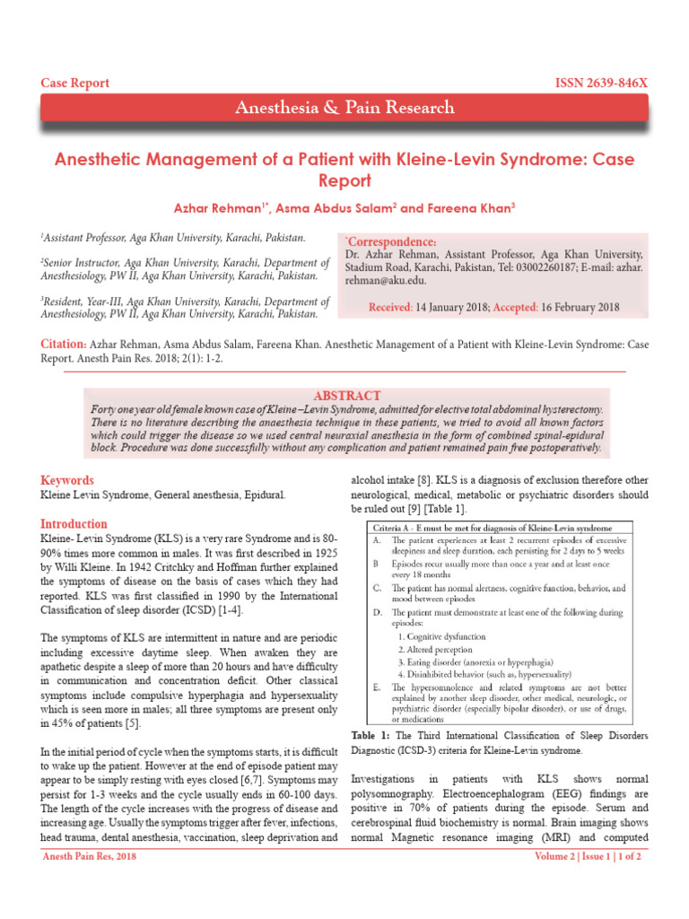 Anesthetic Management of A Patient With Kleinelevin Syndrome Case ...