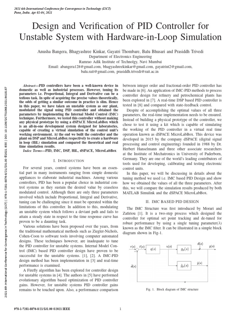 Design and Verification of PID Controller For Unstable System With Hardware-in-Loop Simulation ...