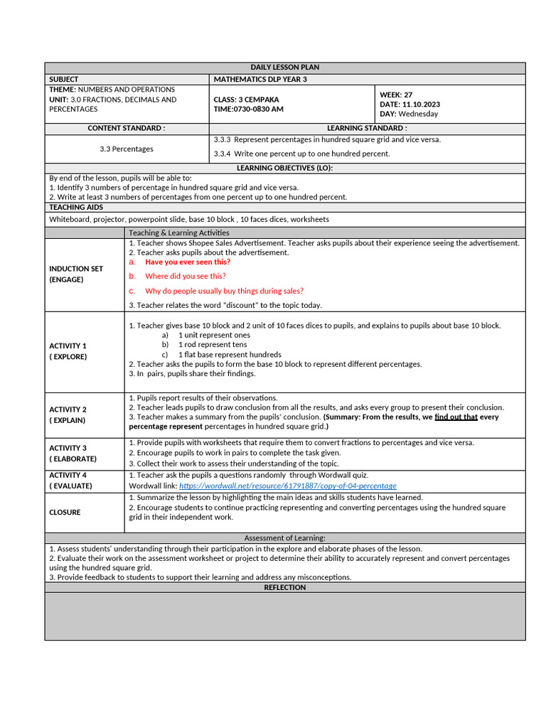 Group 5 DAILY LESSON PLAN | PDF | Lesson Plan | Percentage