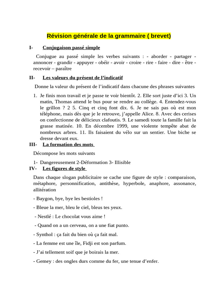 Révision Grammaire Brevet 3ème | PDF | Phrase | Complément d'objet