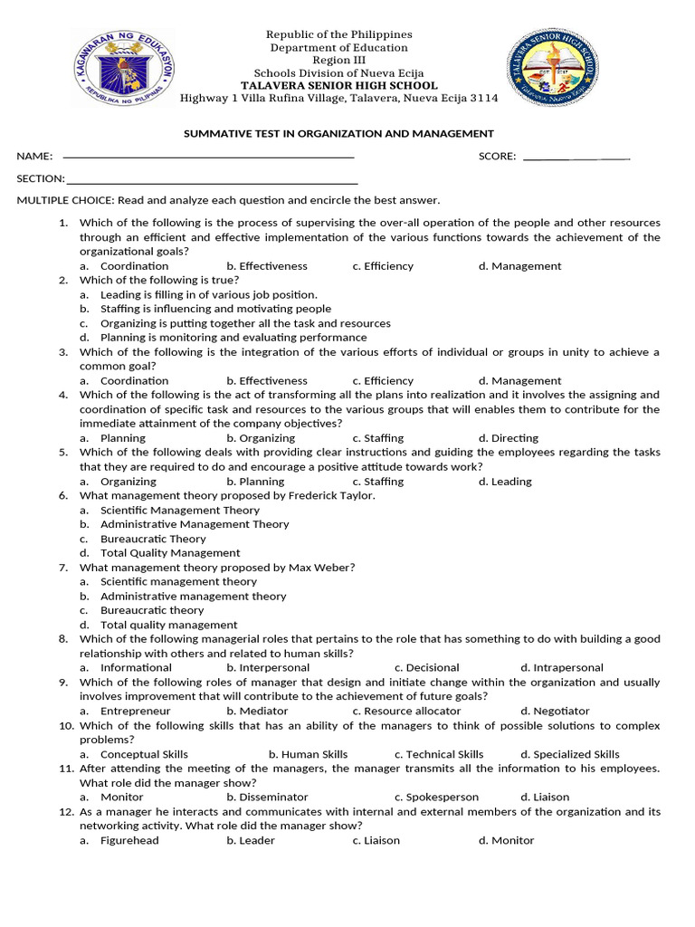 Summative Test in Organization and Management v2 | PDF | Forecasting | Goal