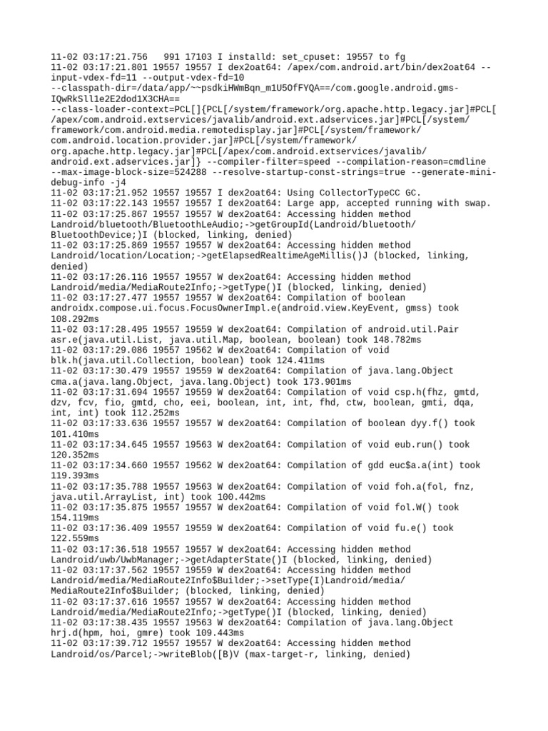 Android dex2oat64 Compilation Logs | PDF | Android (Operating System) | Integer (Computer Science)