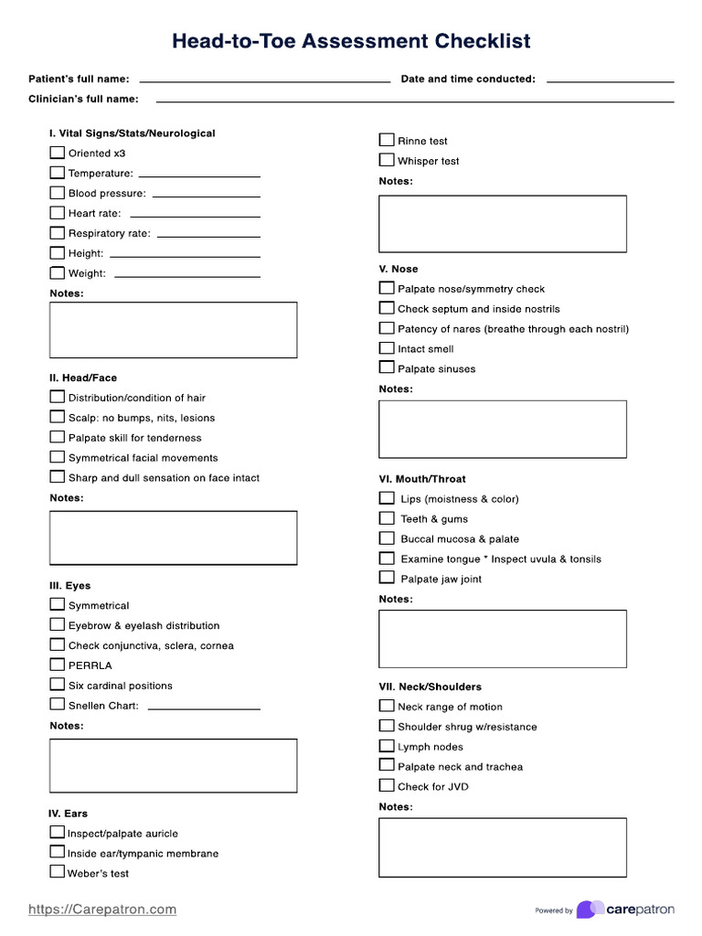 Head To Toe Assessment Checklist Example | PDF | Human Nose | Lung