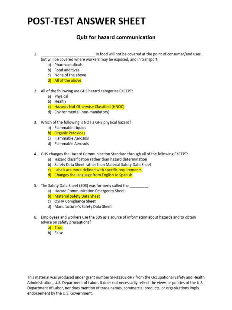 Haz Comm - Post Test ANSWERS | PDF | Occupational Safety And Health ...