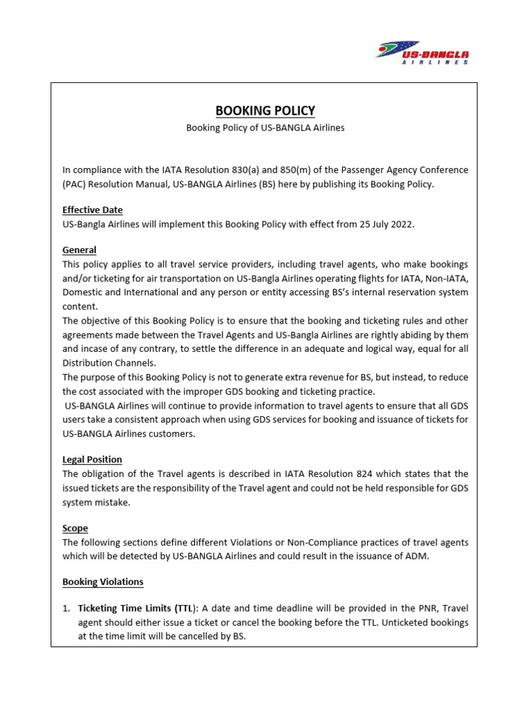 Booking Policy Usbair | PDF | Airlines | Travel Agency