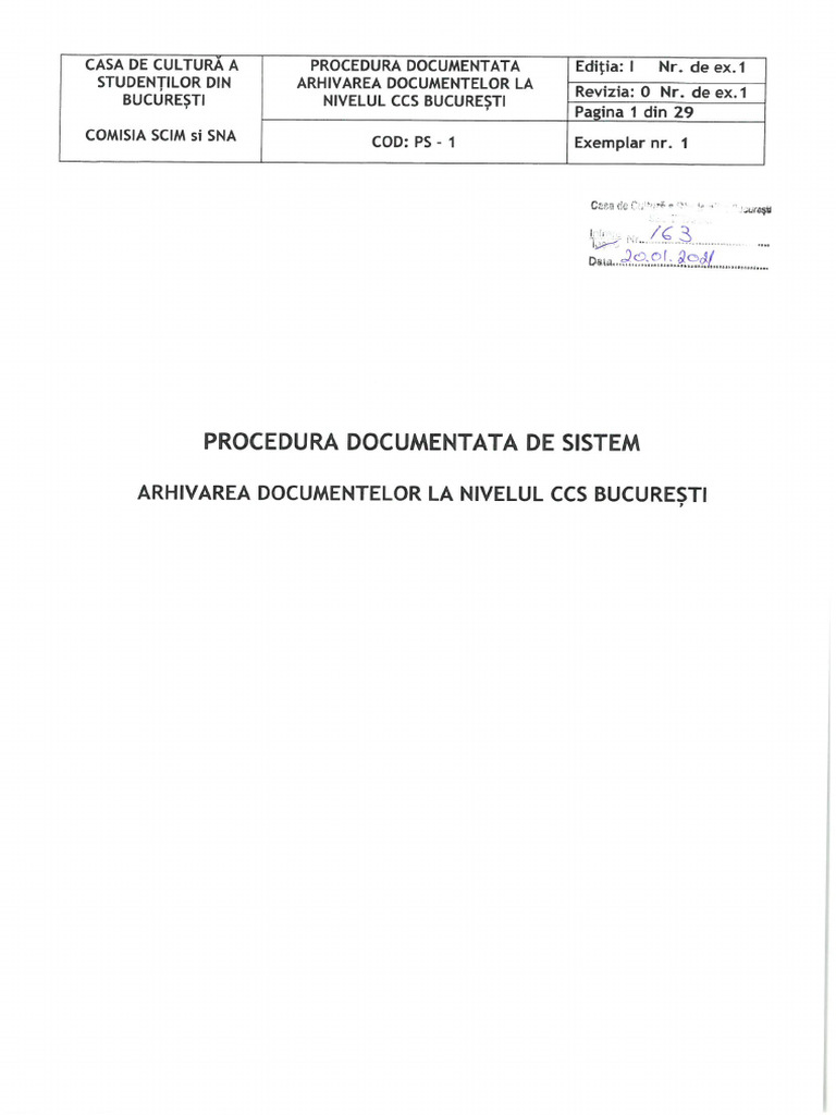 Procedura Sistem Arhivare Documente CCSB | PDF